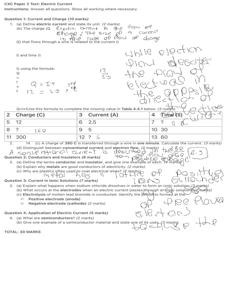 CXC Paper 2 Test: Electric Current | PDF