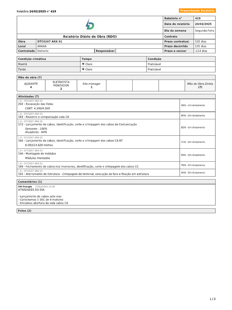 Relatório Diário de Obra (RDO) N° 419 - 24-02-2025 | PDF