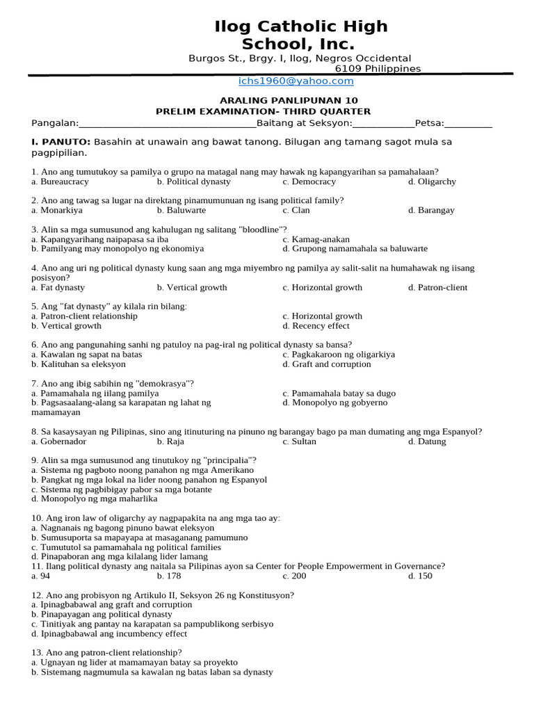 Arpan 10 Prelim Exam 3RD Qtr. | PDF