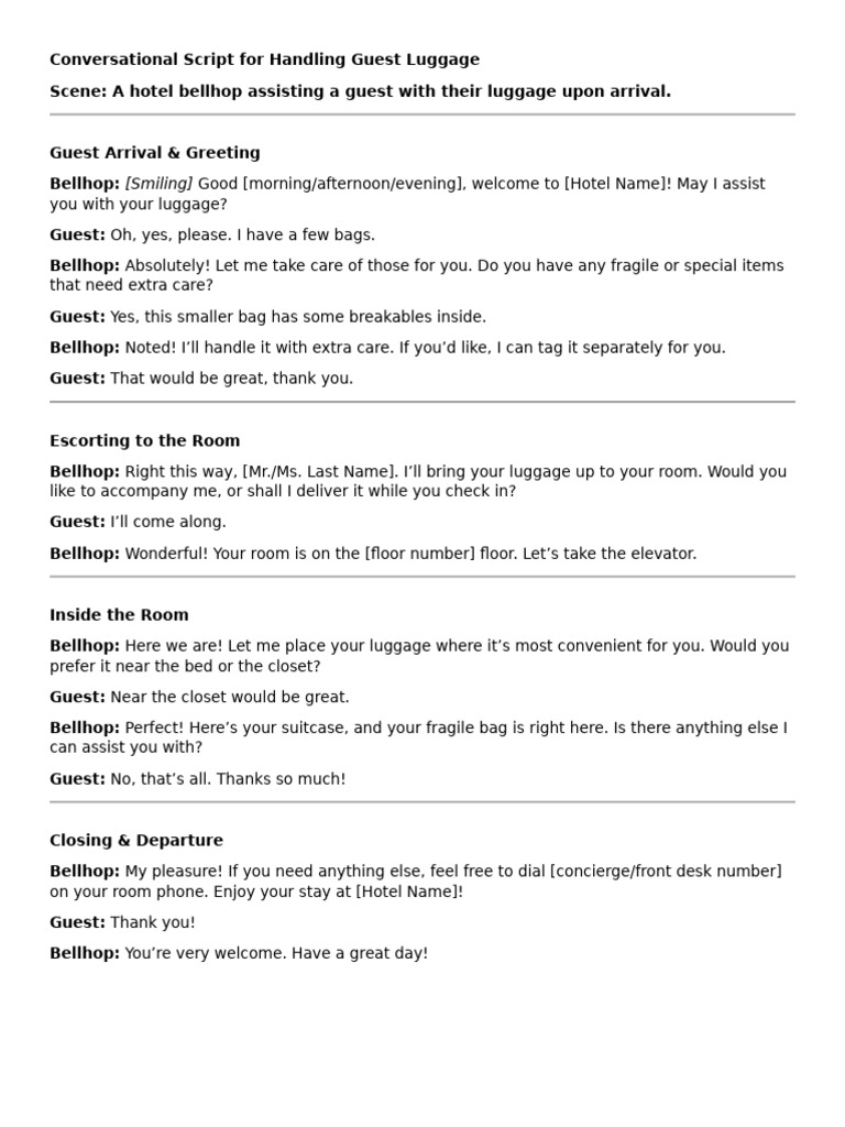 Conversational Script For Handling Guest Luggage | PDF