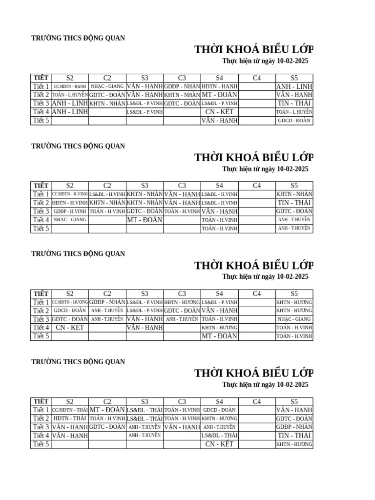 TKB - 10-02-2025 Các Lớp | PDF