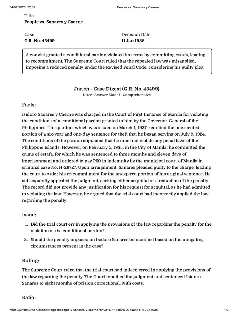 People vs. Sanares y Caerne | PDF | Pardon | Sentence (Law)