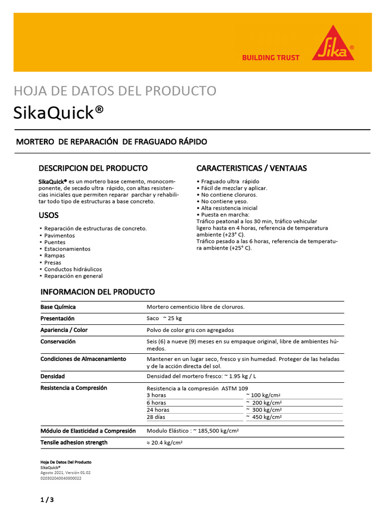 Sikaquick | PDF | Mortero (Albañilería) | Hormigón