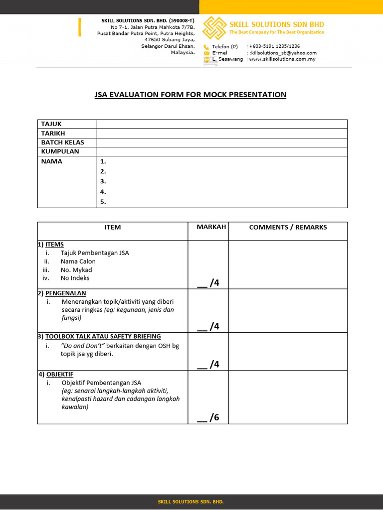 JSA EVALUATION FORM (For Marking) | PDF