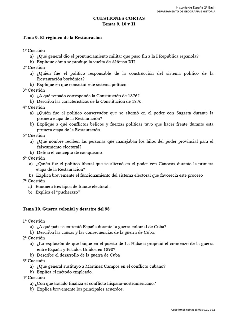 Cuestiones Cortas Temas 9 | PDF | España | Política de españa
