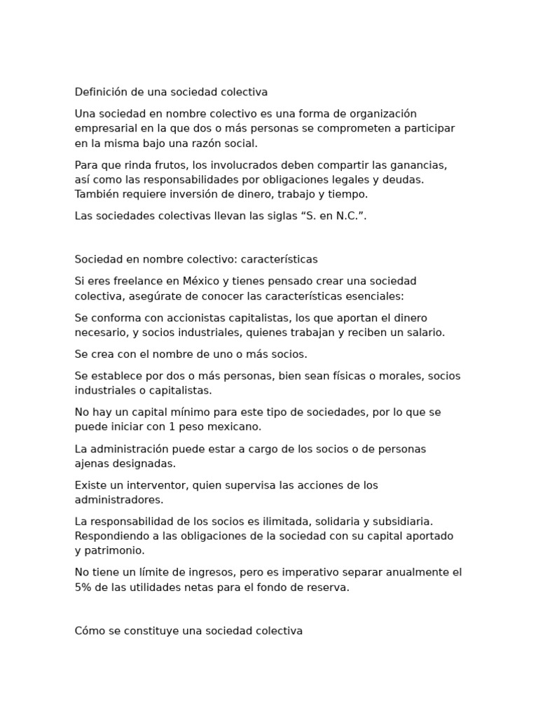 Sociedad en Nombre Colectivo | PDF | Sociedad de responsabilidad limitada | Sociedad General