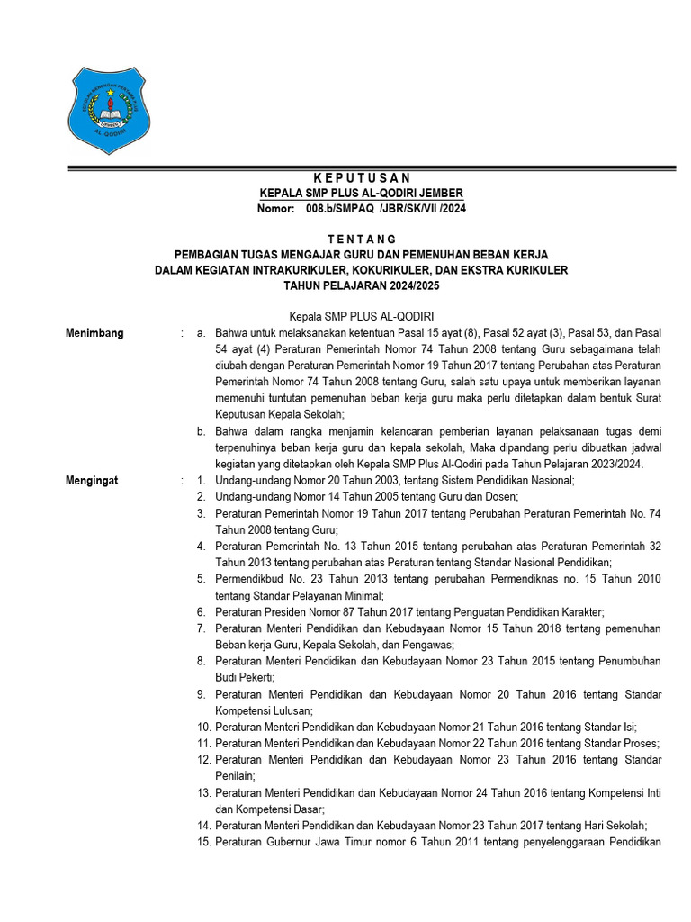 SK Pembagian Tugas Mengajar 2024 | PDF
