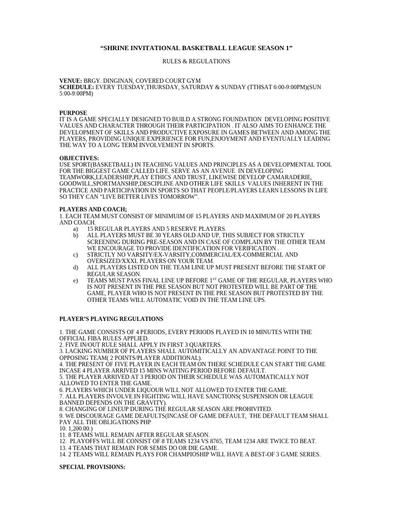 Shrine Invitational Basketball League Season 1 Rules and Regulation | PDF