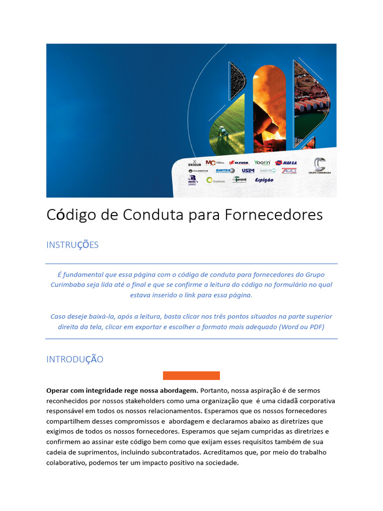 Código de Conduta para Fornecedores Curimbaba | PDF | Corrupção | Emprego