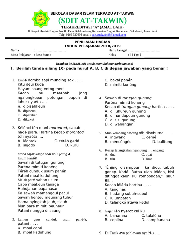 SOAL BASA SUNDA PAS 1819 | PDF