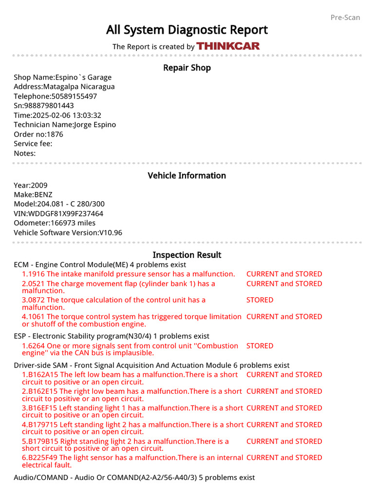 BENZ - Pre-Scan - WDDGF81X99F237464 - All System Diagnostic Report ...