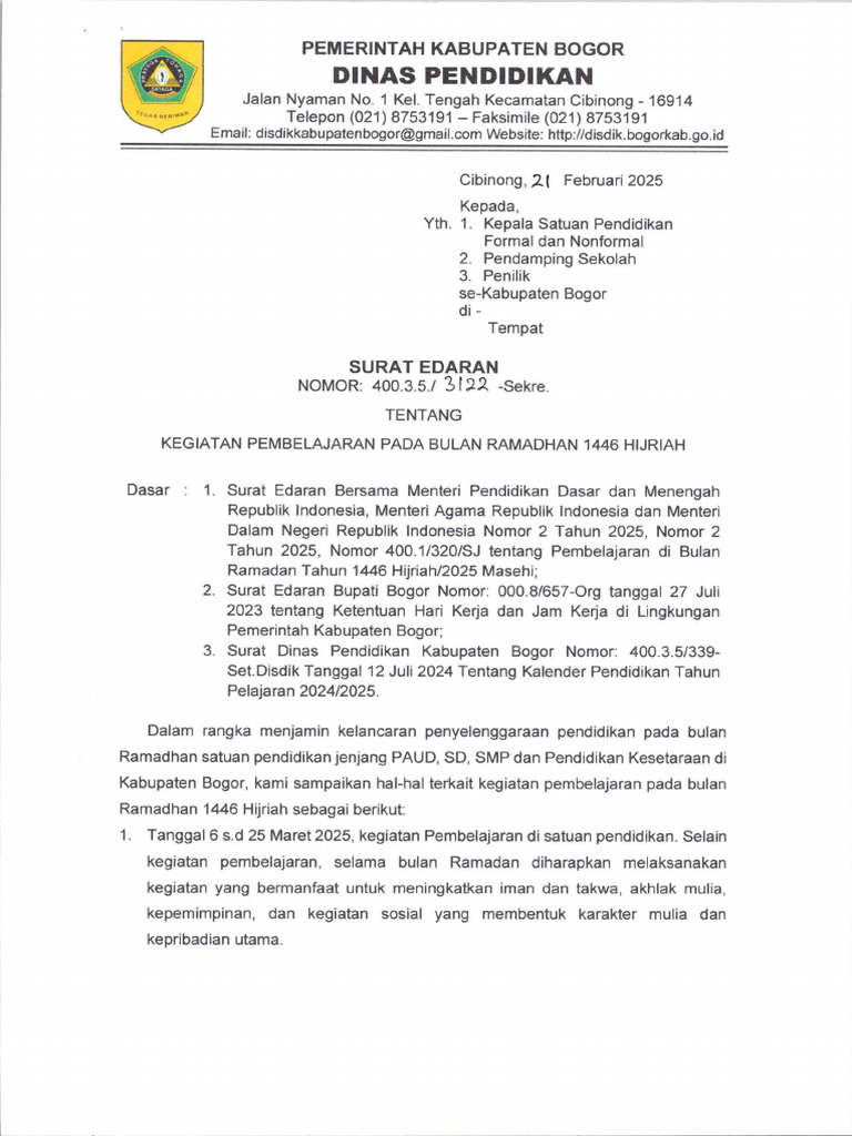 Surat Edaran Keg Pembelajaran Ramadhan 1446 H | PDF