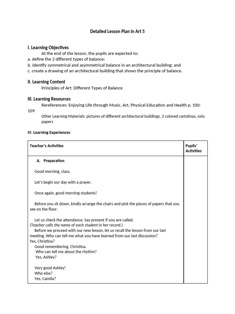 Grade 5 Art Lesson: Balance Principles | PDF