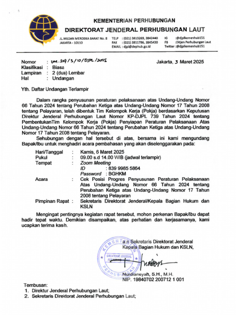 Undangan Rapat Cek Progres Pokja Penyusunan Peraturan (Kamis) | PDF