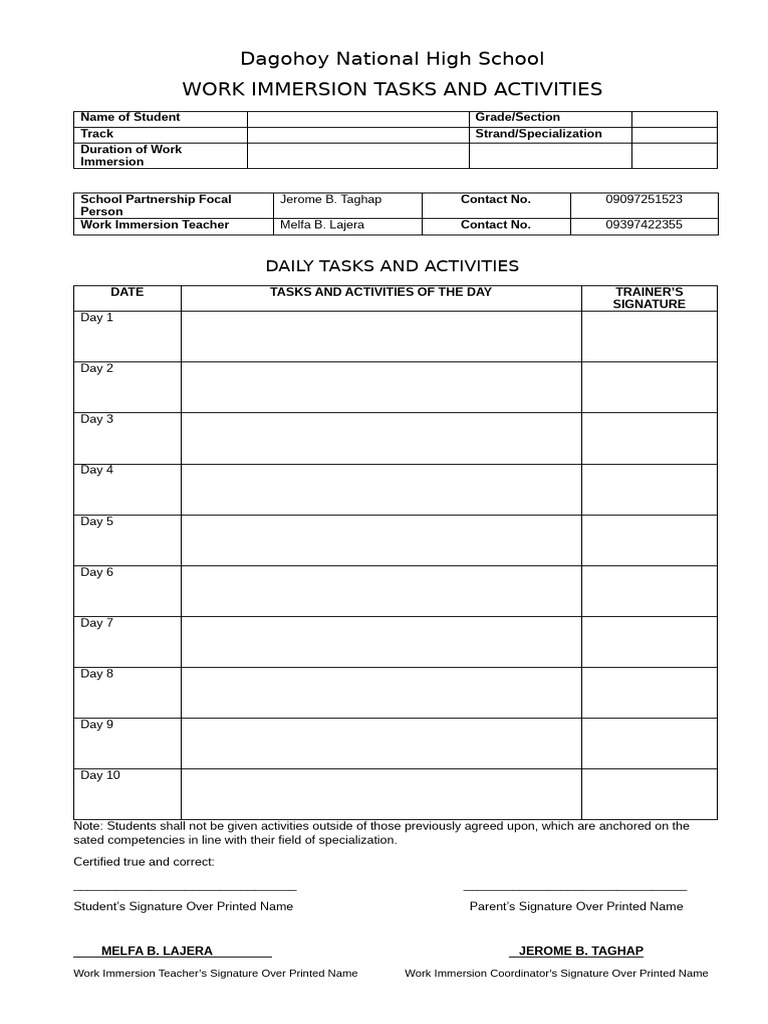 Work Immersion Daily Tasks | PDF