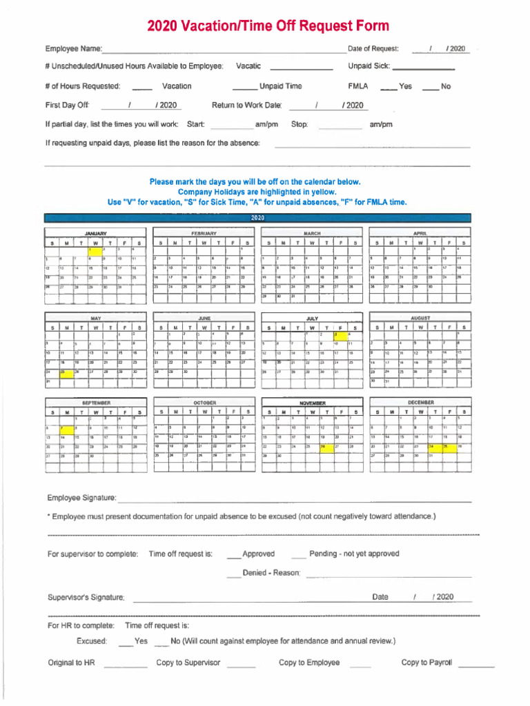 2020 Vacation Time Off Request Form | PDF