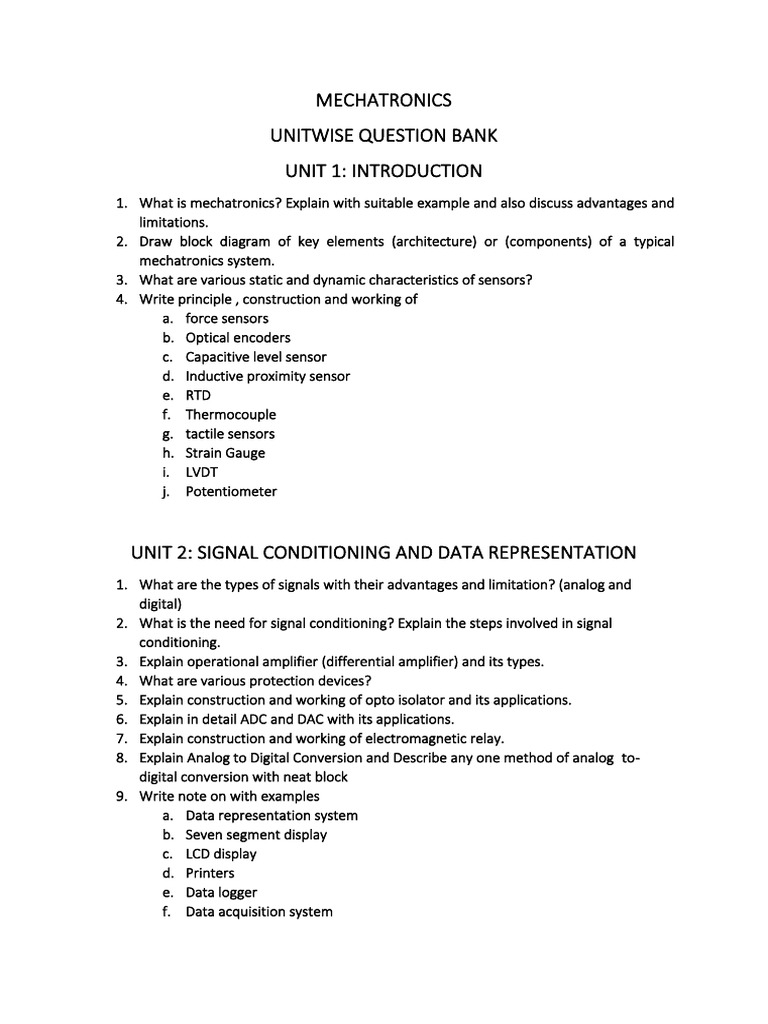 Mechatronics Question Bank | PDF | Electrical Engineering | Computer Engineering
