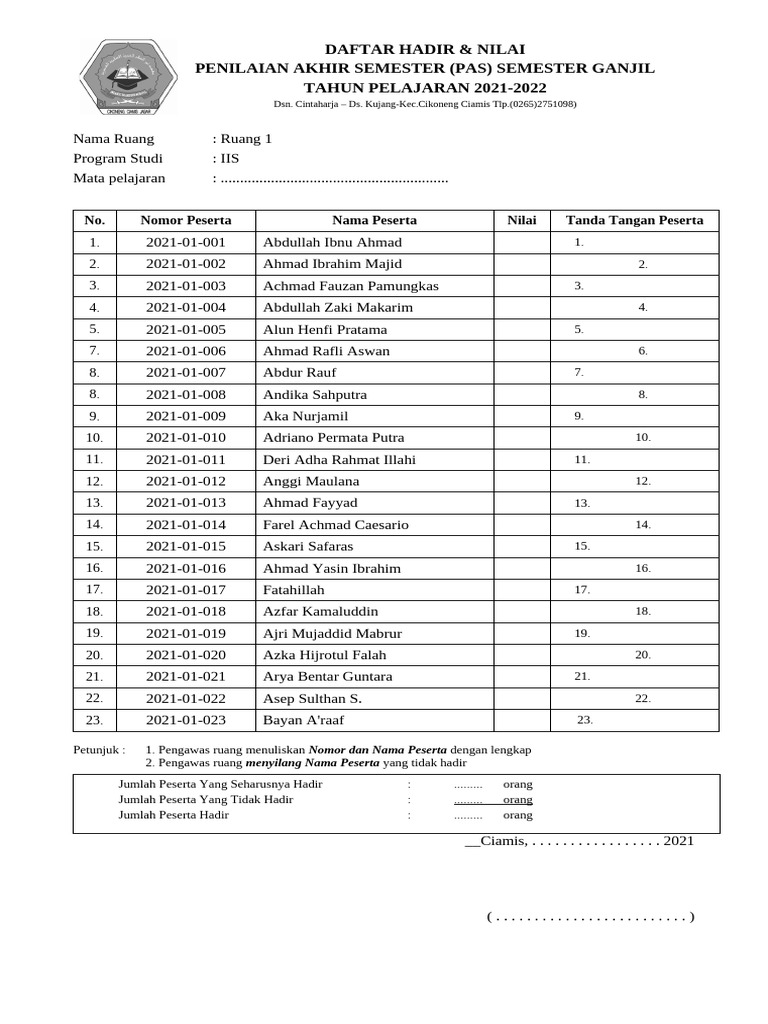 Daftar Hadir Dan Nilai PAT 2021 | PDF
