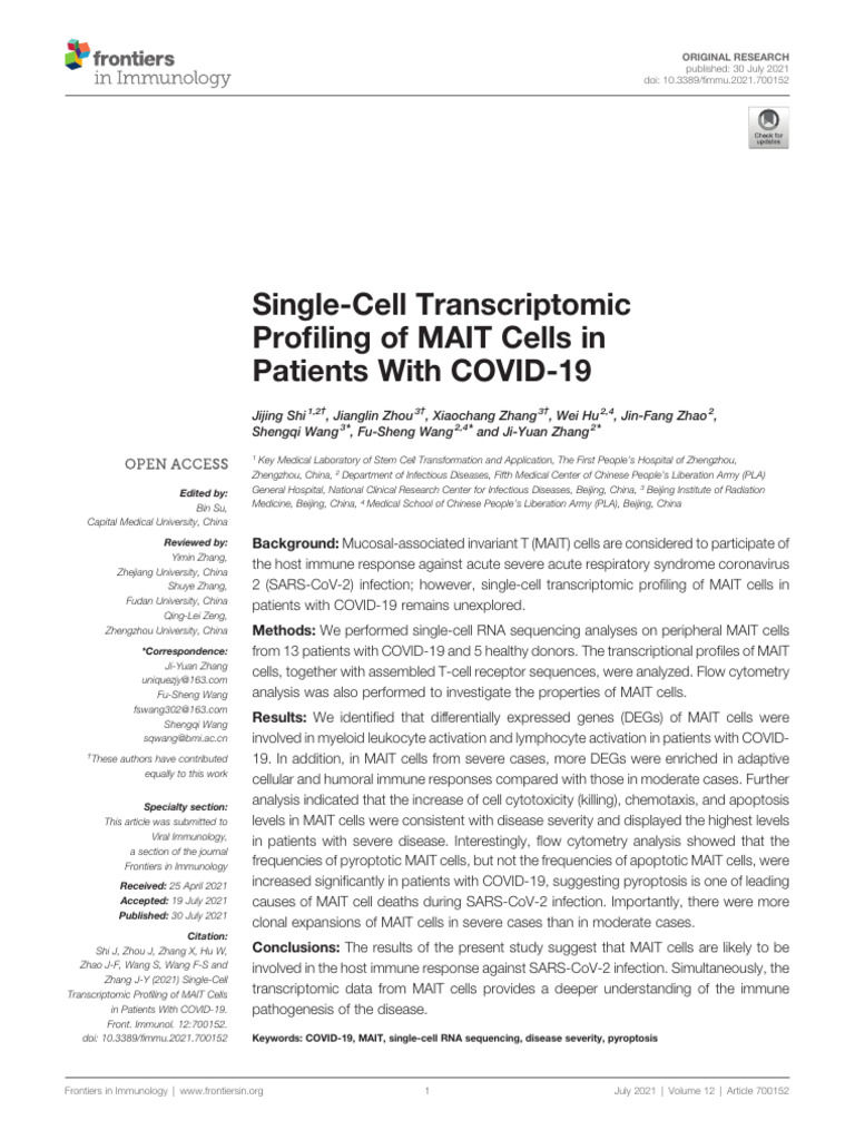 4-Single Cell Transcriptomic Profiling of MAIT Cells Fimmu-12-700152 | PDF | T Cell | Immune System