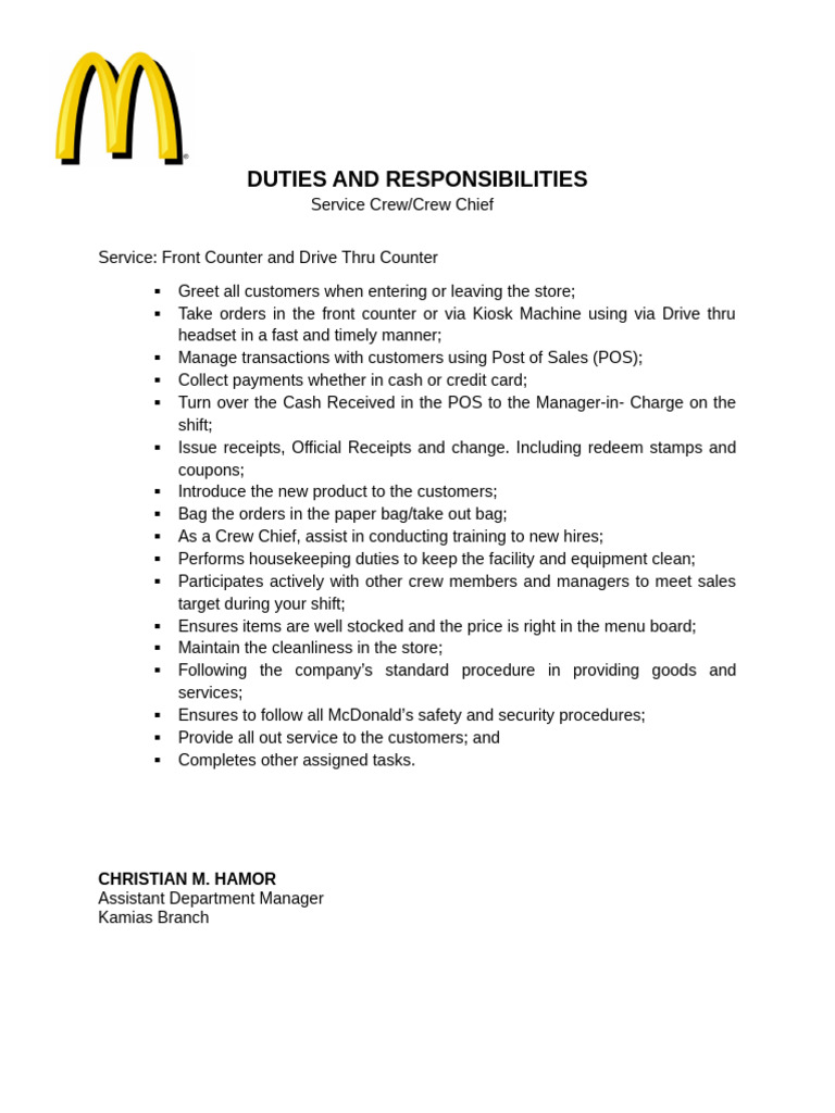 Mcdonalds Duties and Responsibilities | PDF