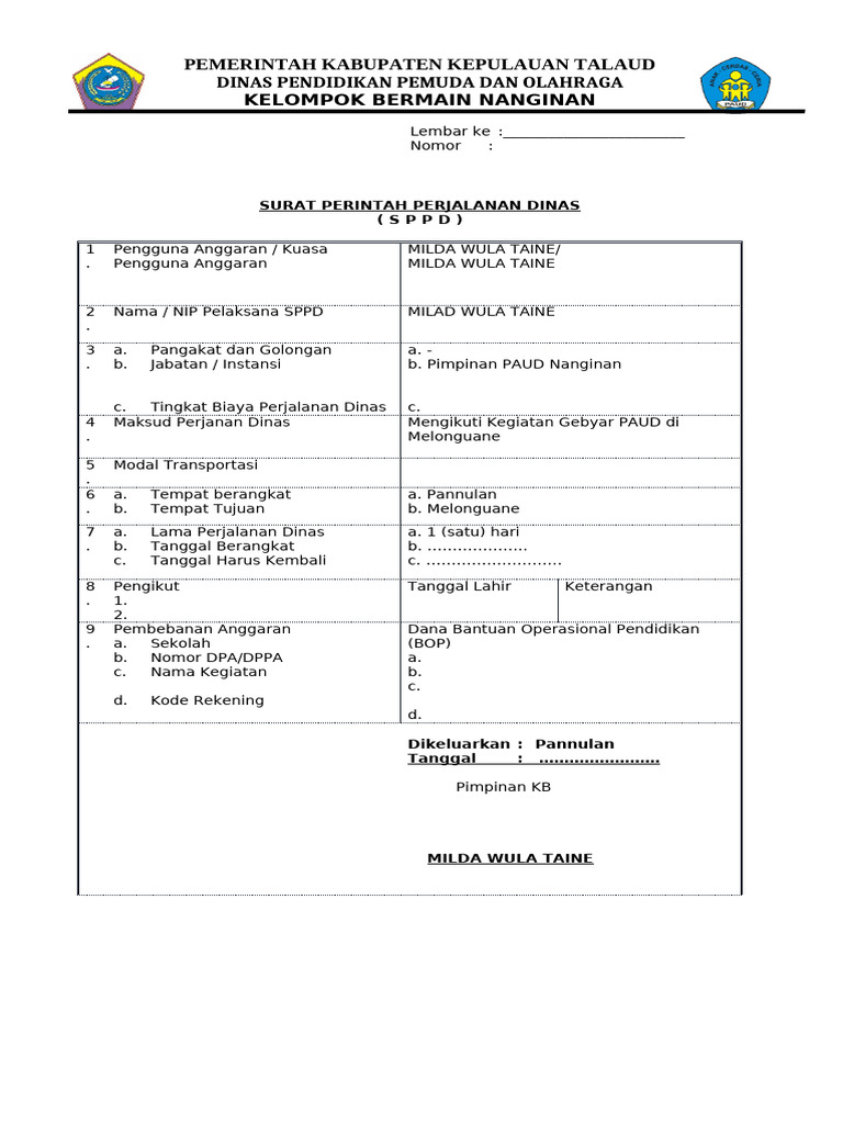 8. SPPD Pimpinan TK Mengikuti Gebyar | PDF