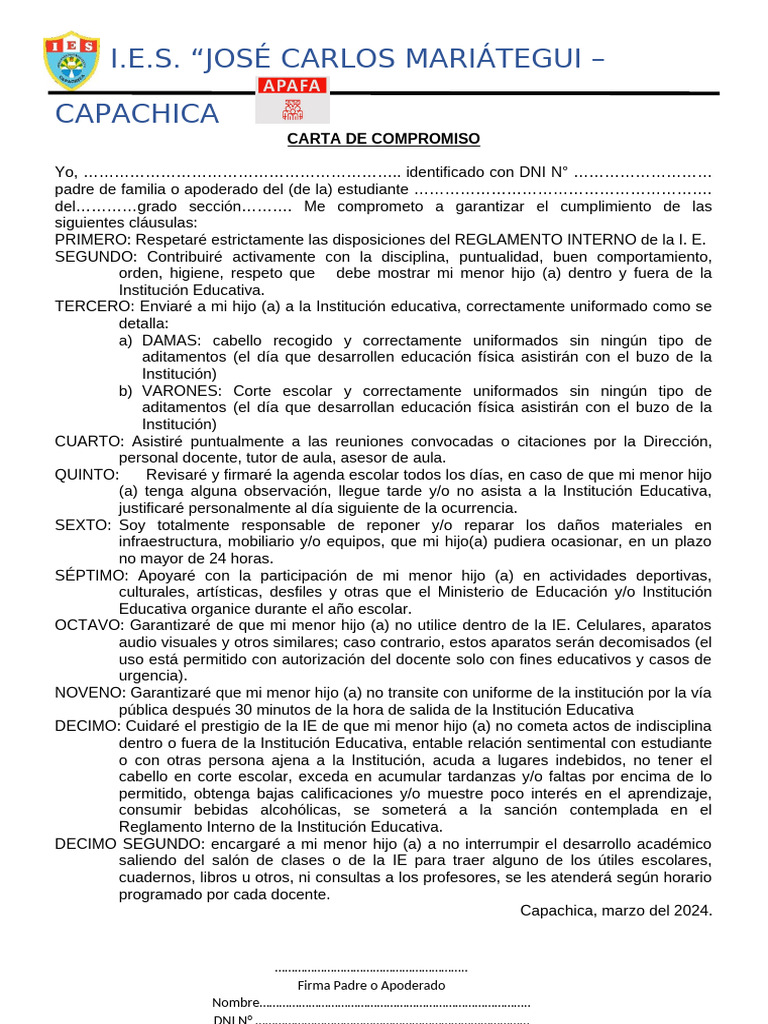 Carta Compromiso Jocama 2024 | PDF