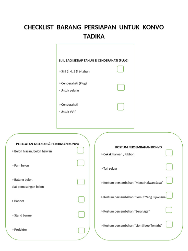 Checklist Barang Persiapan Untuk Konvo Tadika | PDF