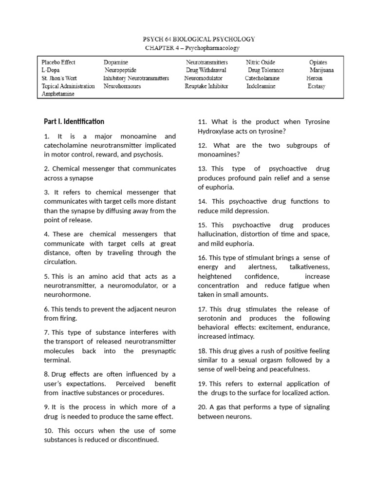 Biopsych Chapter 4 Pharmacology Practice Test | PDF | Neurotransmitter ...