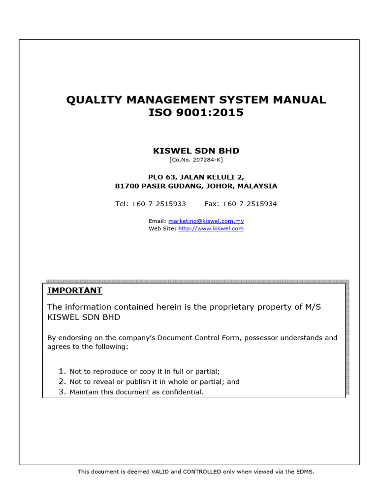 (KWM-QM-01) Quality Manual ISO 9001 - 2015 (Rev.04) | PDF | Quality ...