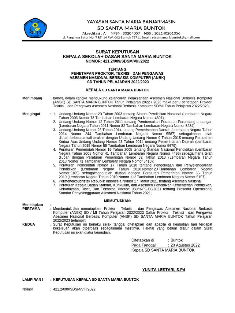 SK Proktor Dan Teknisi ANBK | PDF
