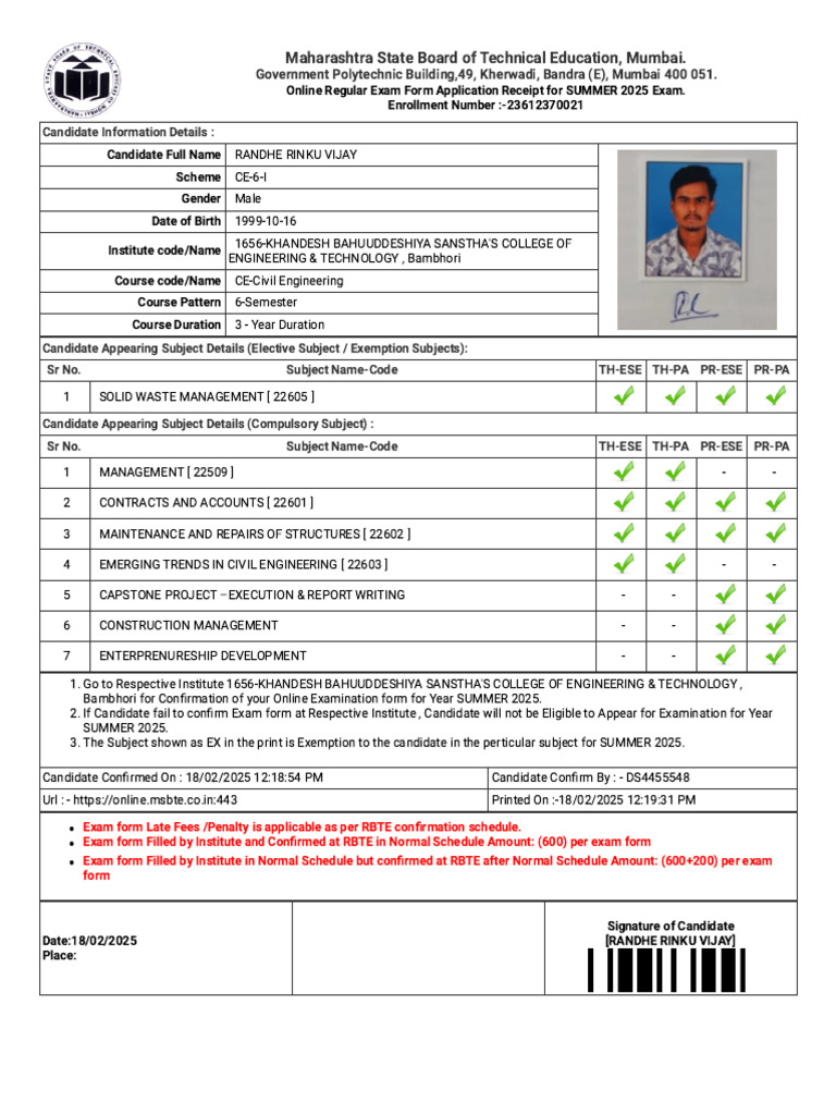 Exam Form Application of Candidate For | PDF