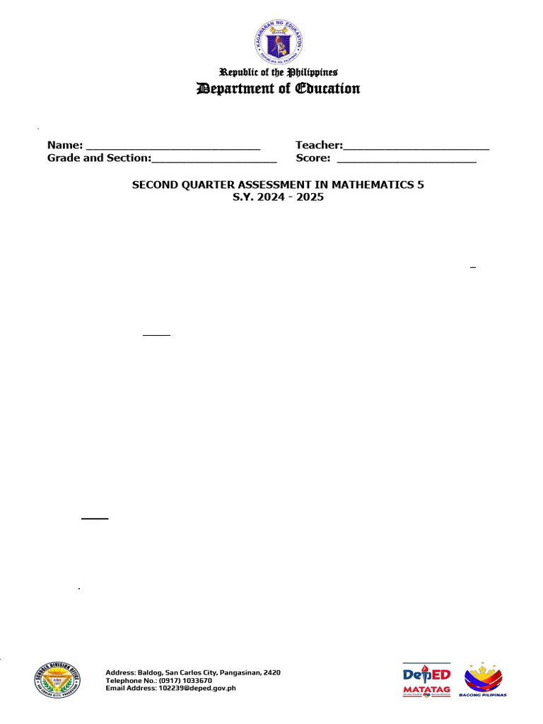 TQ_in_Math5_ Q2_2024-2025 | PDF | Ratio | Odds