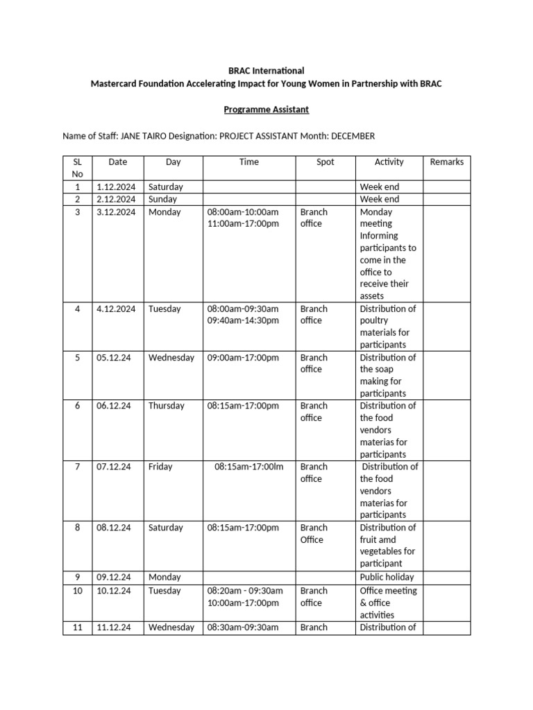 Jane December Staff Action Plan | PDF | Workweek And Weekend