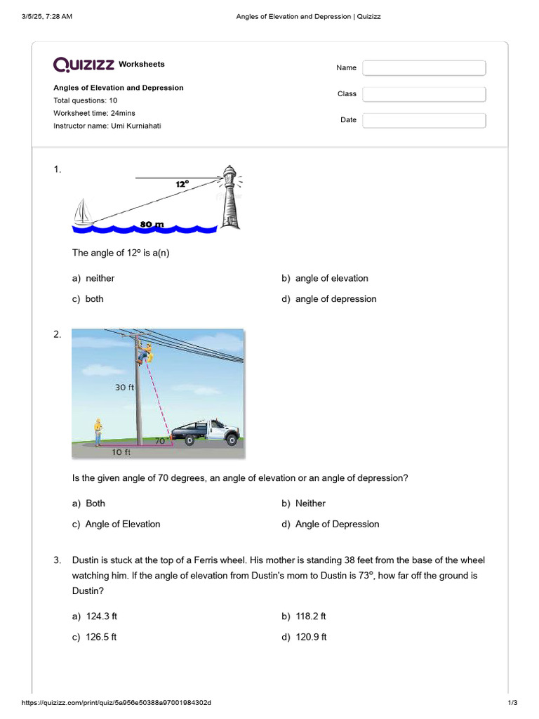 Angles of Elevation & Depression Worksheet | PDF