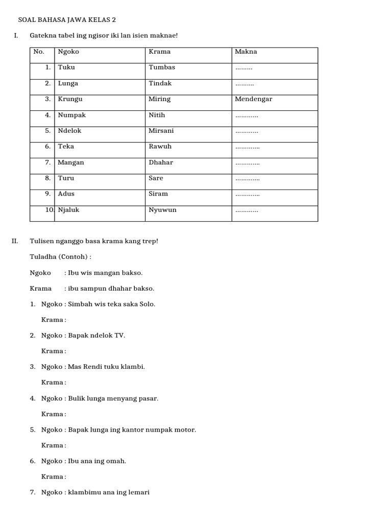 Soal Bahasa Jawa Kelas 2 | PDF