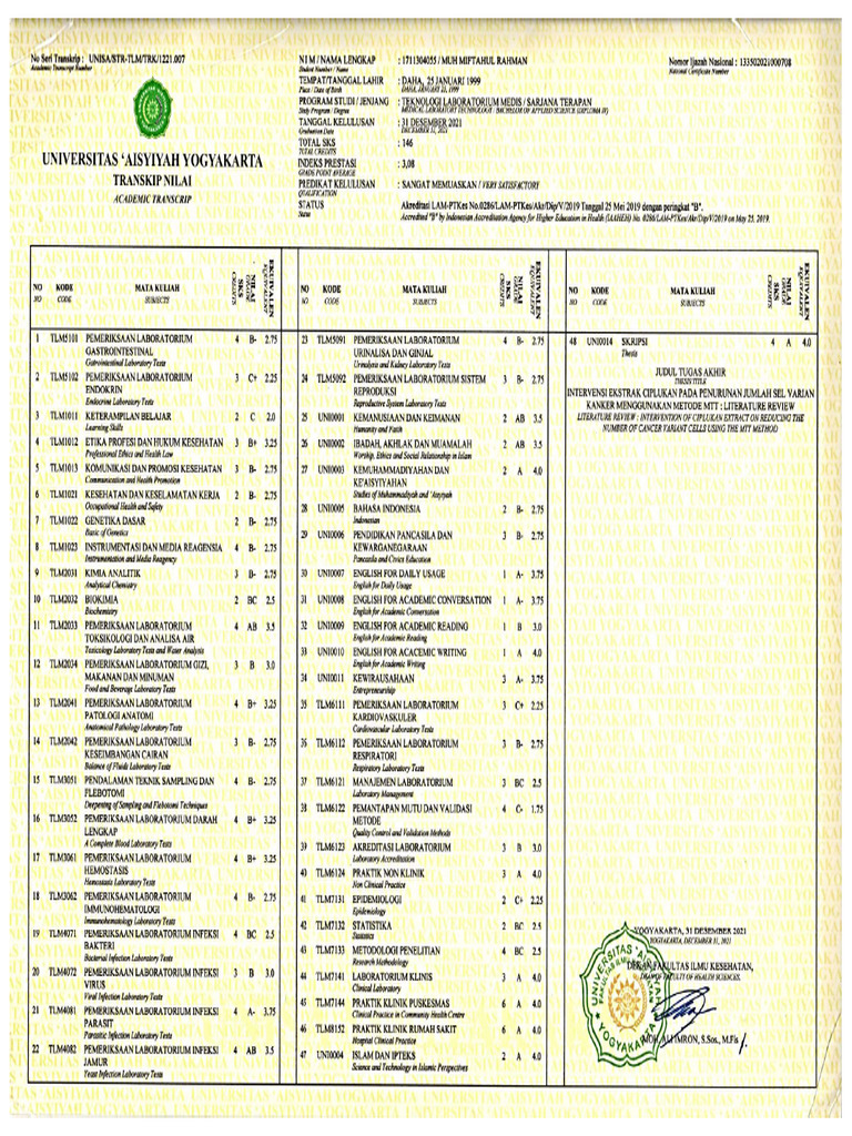 Transkrip Nilai - Compressed | PDF