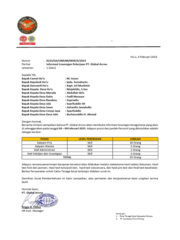 Surat Permintaan Tenaga Kerja Lokal GA - STM (New Hire) | PDF