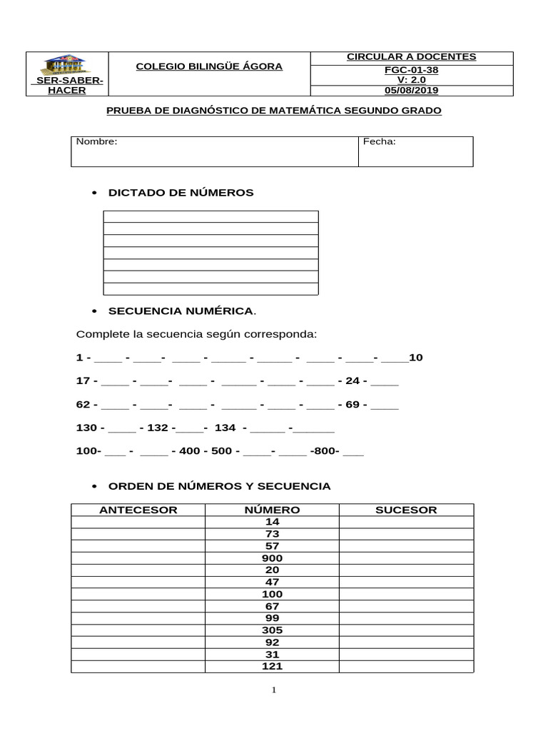 Prueba Diagnóstica Matemática 2° Grado | PDF