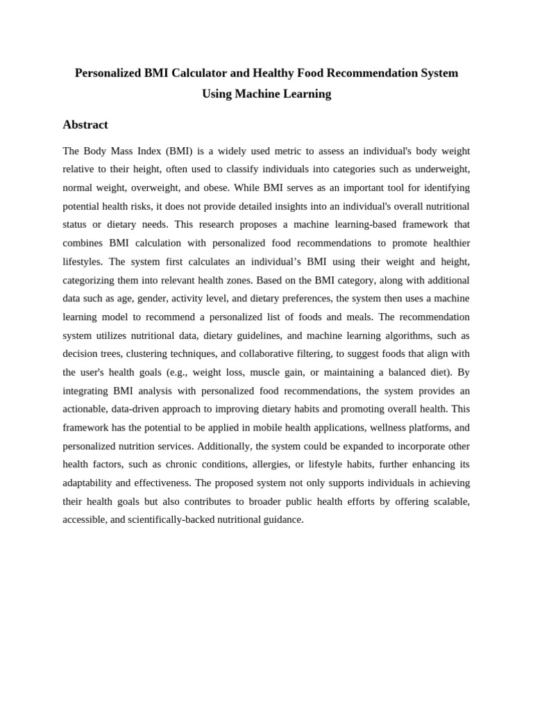 Personalized BMI Calculator and Healthy Food Recommendation System Using Machine Learning | PDF