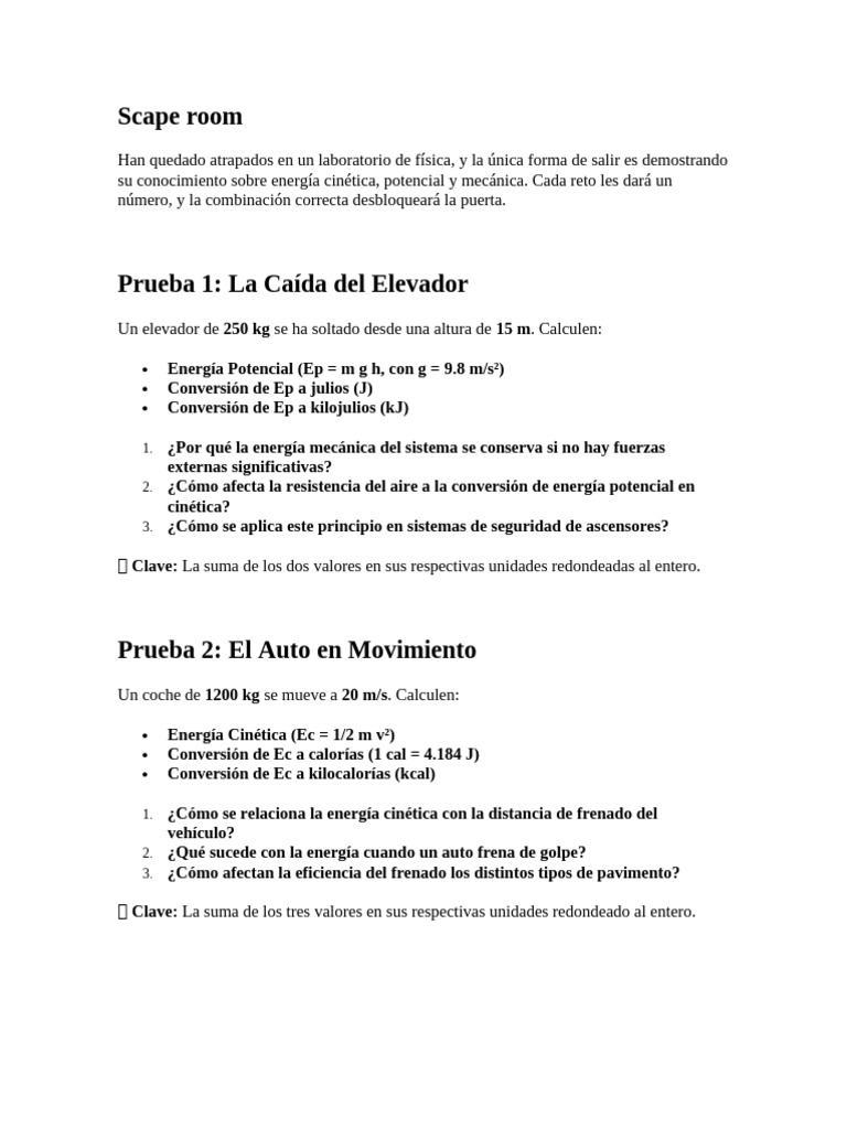 Scape room | PDF | Energía cinética | Caloría