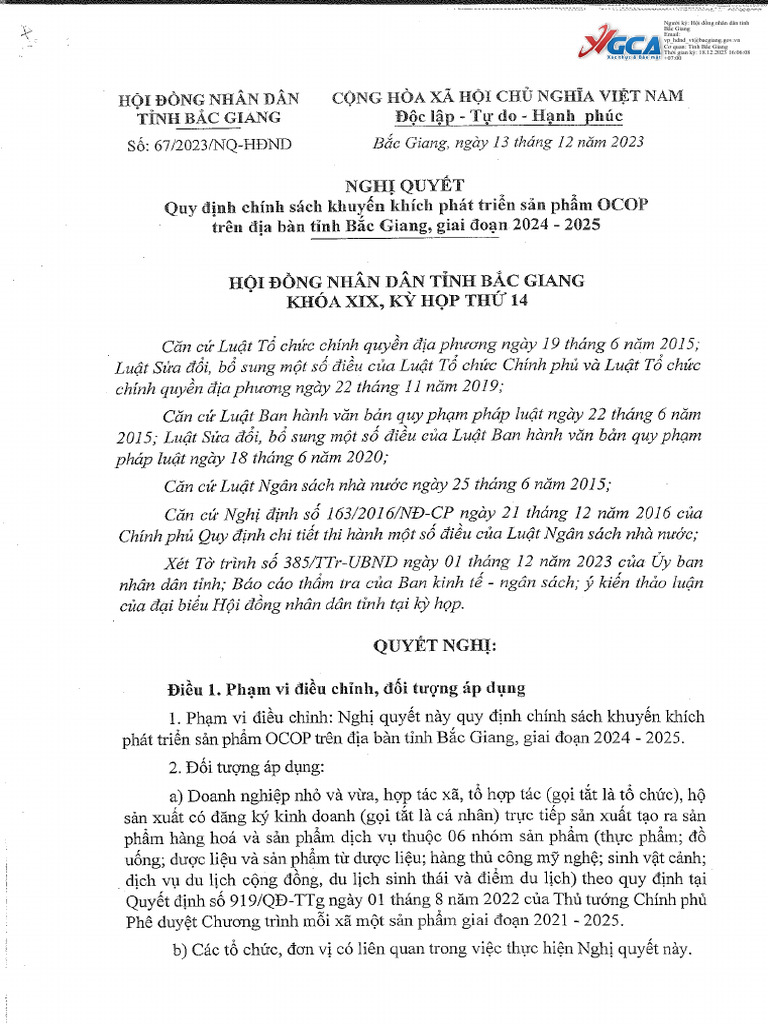 Nghị quyết 67 về hỗ trợ sản phẩm ocop Bắc Giang | PDF