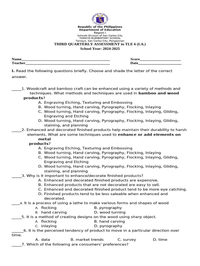 Tle 6 Third Quarter Assessment I.A | PDF | Etching | Engraving