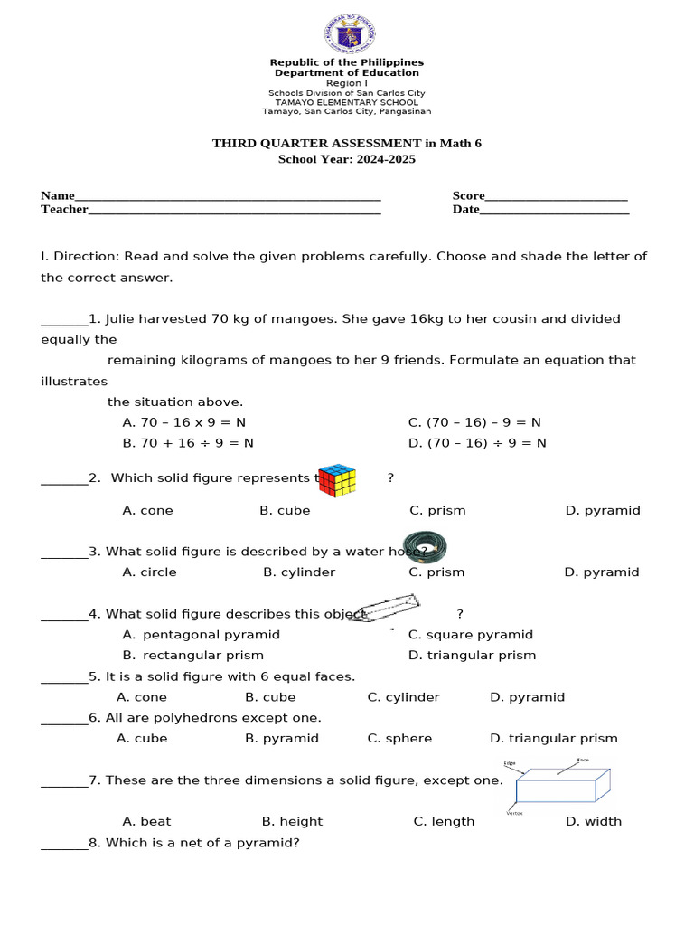 MATH-6-THIRD-QUARTER-ASSESSMENT | PDF | Area | Geometry