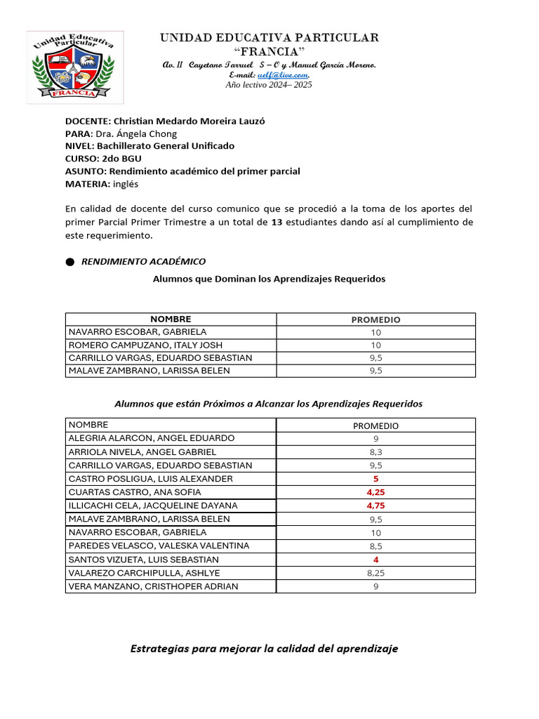 Formato Informe Académico !er Parcial !er Trimestre 2do BGU | PDF