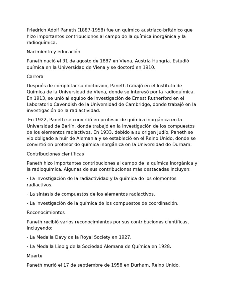 Friedrich Adolf Paneth (1887-1958) Fue Un Químico Austríaco | PDF