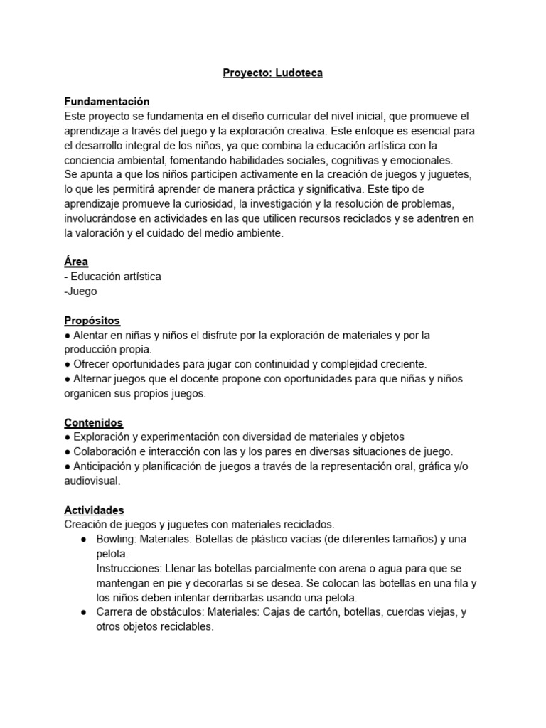 Proyecto de Ludoteca para Nivel Inicial | PDF | Aprendizaje | Educación ...