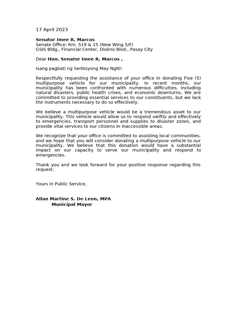 Request for Vehicle Donation to Municipality | PDF