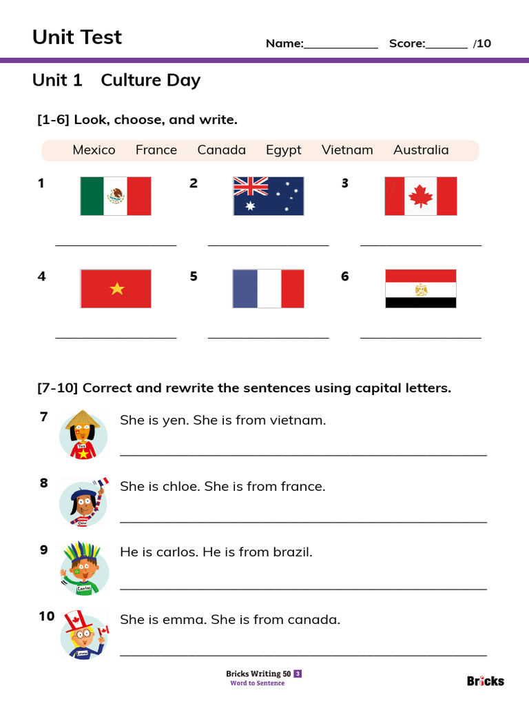 Bricks Writing 50 - L3 - Unit Test - Unit 1 | PDF