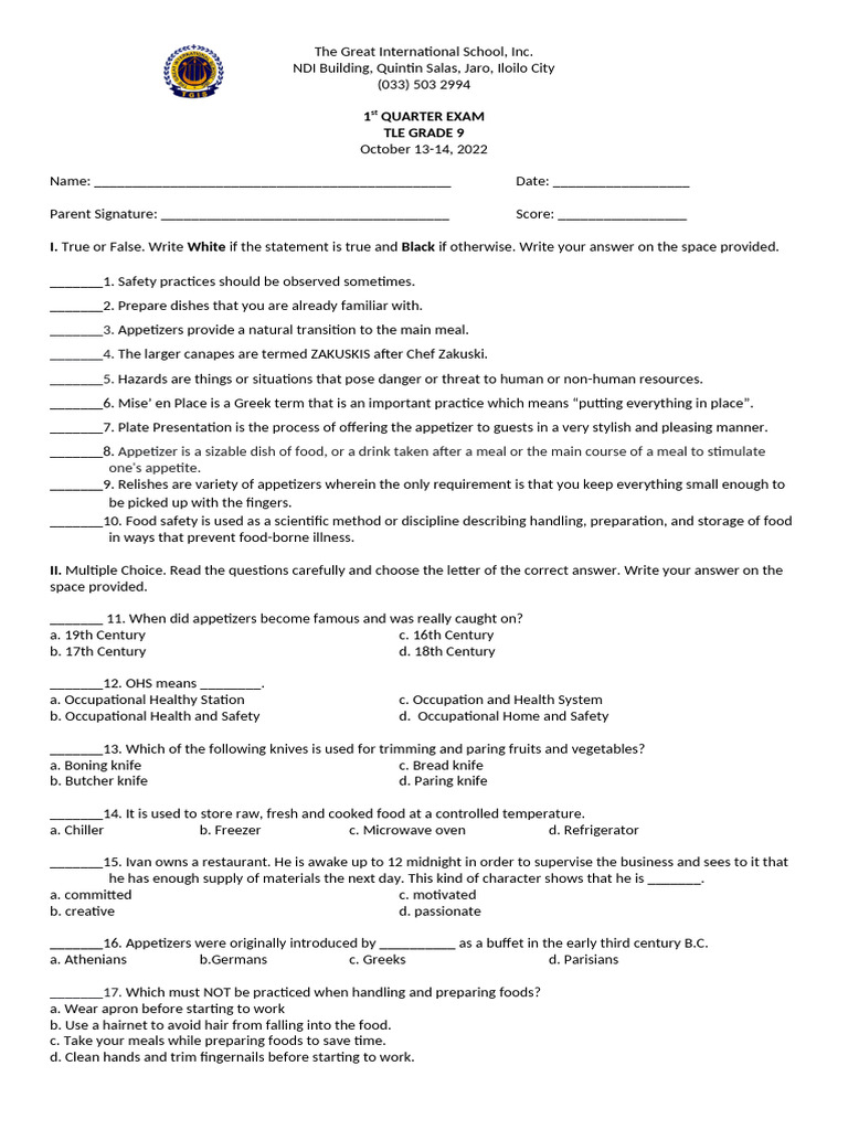 TLE 9 1st QUARTER EXAM | PDF | Hors D'oeuvre | Cuisine