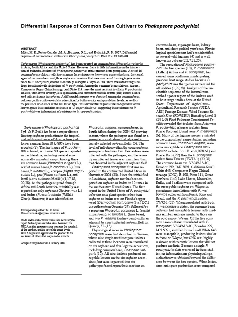 Differential Response of Common Bean Cultivars To Phakopsora Pachyrhizi | PDF | Phaseolus ...